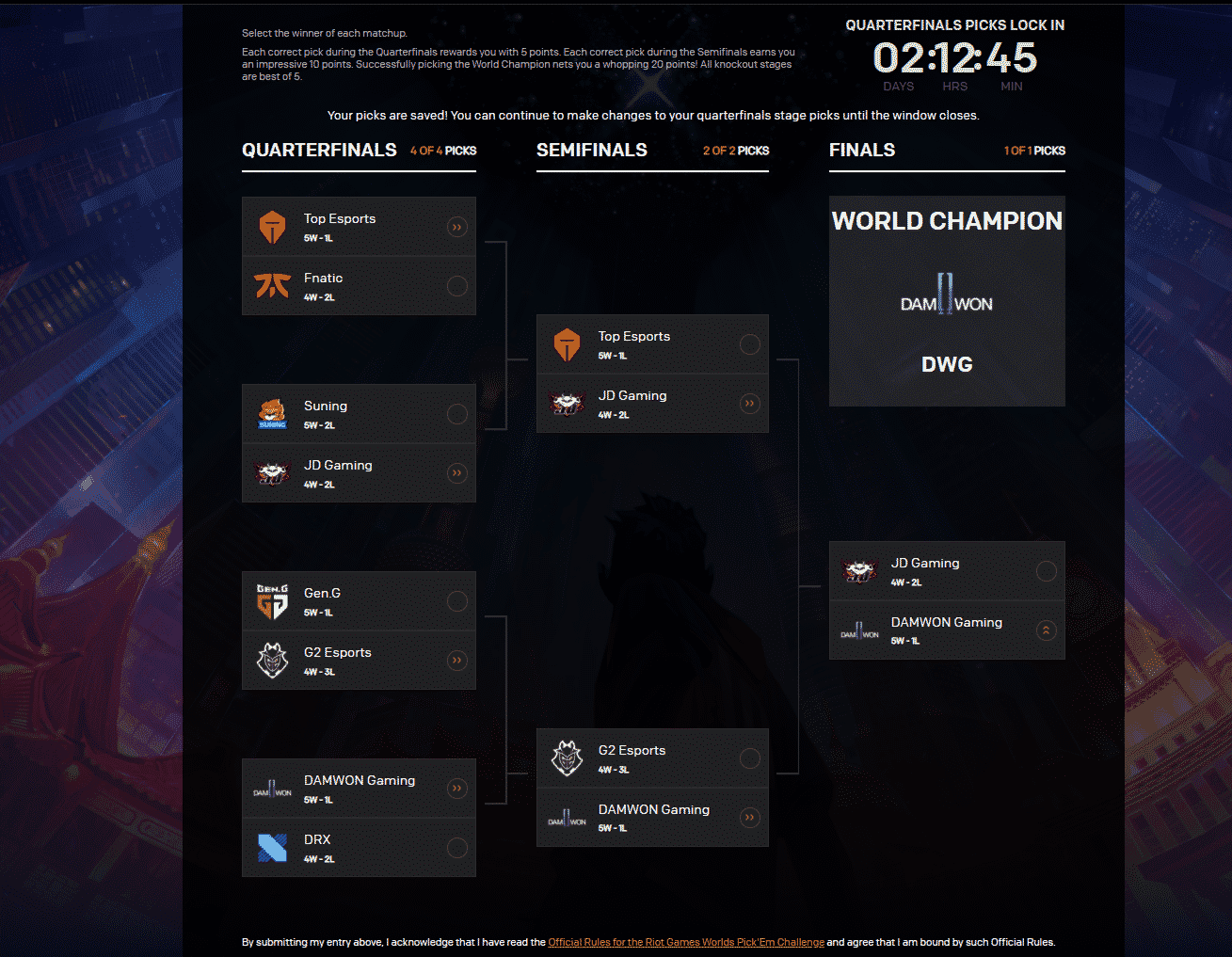 Worlds Pick'em Knockout Stage - Unpredictable results...
